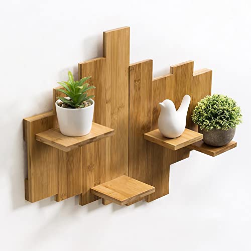 Natural Bamboo Brown Floating Wall Shelves (4 Pieces) - Retro Elegant Design for Bedrooms and Living Rooms, Easy-to-Assemble with Invisible Brackets