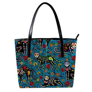 women’s leather tote bag, black cats skull day of the dead large heavy duty shoulder bag travel work school handbag