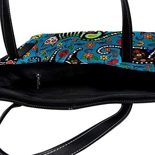 Women’s Leather Tote Bag, Black Cats Skull Day of the Dead Large Heavy Duty Shoulder Bag Travel Work School Handbag