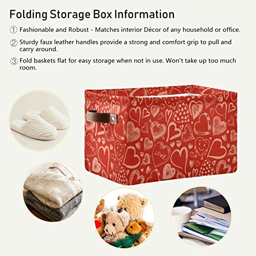 Large Storage Basket Red Love Hearts Foldable Storage Box Organizer Bins with Handles for Bedroom Home Office