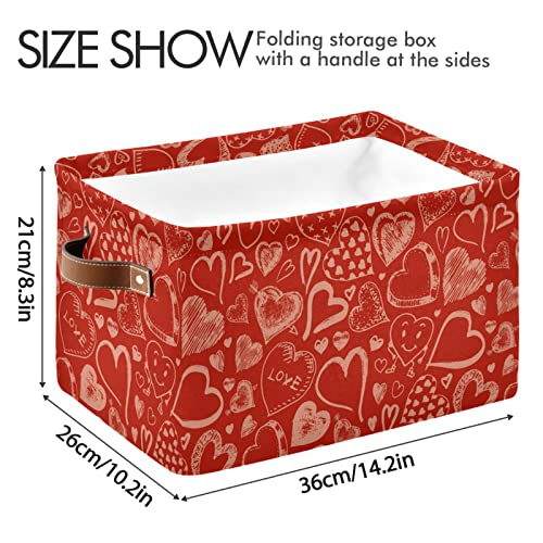 Large Storage Basket Red Love Hearts Foldable Storage Box Organizer Bins with Handles for Bedroom Home Office