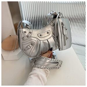 Women Punk Style Rivet Satchels Handbags, PU Leather Shoulder Purse with Mini Purse, Personality Vintage Crossbody Bag (Silver)