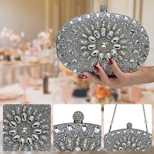 CORIOS Women Evening Bag Rhinestone Clutch Purse Sparkly Sequin Handbag Bridal Wedding Purse Crystal Clutch Bag Glitter Shoulder Bag Crossbody Bag for Wedding Banquet Cocktail Prom Party Silver