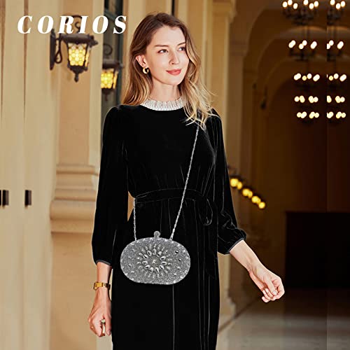 CORIOS Women Evening Bag Rhinestone Clutch Purse Sparkly Sequin Handbag Bridal Wedding Purse Crystal Clutch Bag Glitter Shoulder Bag Crossbody Bag for Wedding Banquet Cocktail Prom Party Silver