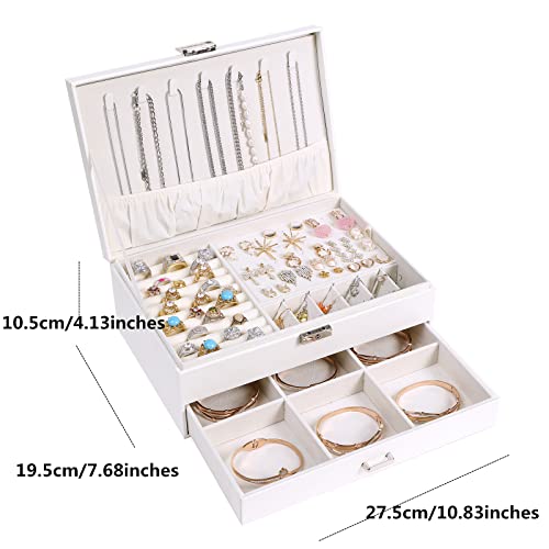 JACIEYU Large Jewelry Box Stud Earrings Rings Organizer for Girls, Big Exquisite Leather Jewelry Boxes Women Earrings Necklaces Bracelet Holder Organizeres (White)