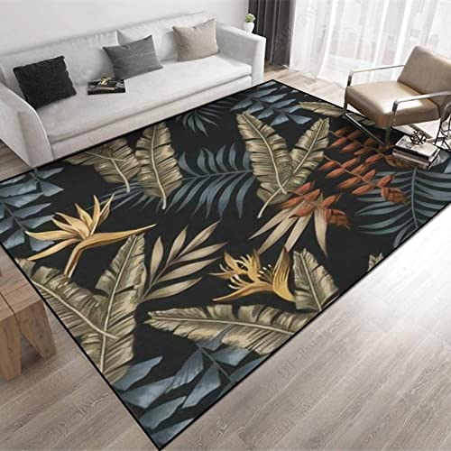 Exotic Jungle Area Rugs, Gold Tropical Flowers Bird Indoor Non-Slip Kids Rugs, Machine Washable Breathable Durable Carpet for Living Room Home Decor 3' by 4'