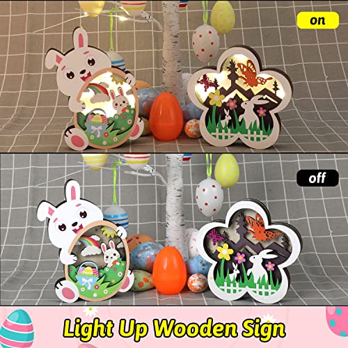 FOIMAS Easter Wooden Table Sign,Light Up Bunny Egg Table Centerpiece Topper for Easter Table Top Party Decoration Supply