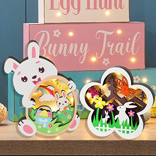 FOIMAS Easter Wooden Table Sign,Light Up Bunny Egg Table Centerpiece Topper for Easter Table Top Party Decoration Supply