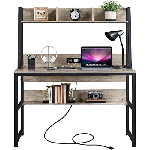 Yaheetech Home Office 47 Inch Writing Desk with Power Outlets and 2 USB Charging Ports for Studying, Gaming Table Computer Desk with Hutch and Bookshelf, Metal Frame Workstation for Office, Gray