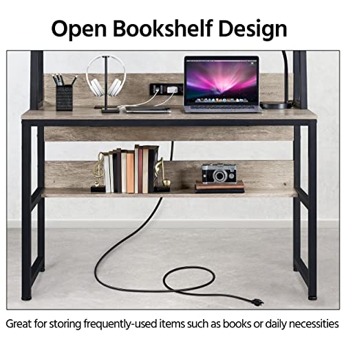 Yaheetech Home Office 47 Inch Writing Desk with Power Outlets and 2 USB Charging Ports for Studying, Gaming Table Computer Desk with Hutch and Bookshelf, Metal Frame Workstation for Office, Gray