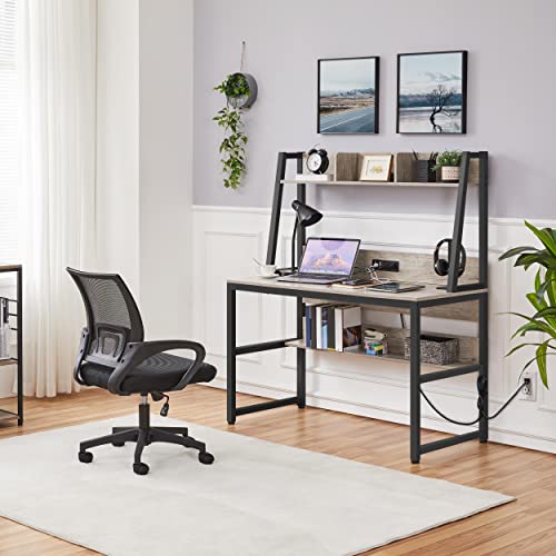 Yaheetech Home Office 47 Inch Writing Desk with Power Outlets and 2 USB Charging Ports for Studying, Gaming Table Computer Desk with Hutch and Bookshelf, Metal Frame Workstation for Office, Gray