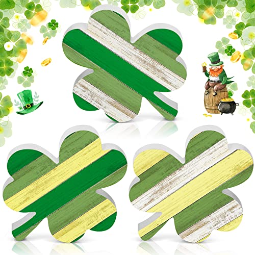 3 Pcs Farmhouse St Patrick's Day Table Wooden Signs Rustic Lucky Shamrock Table Wooden Signs Green White Yellow Stripe Clover Freestanding Irish Themed Tabletop Decorations for Desk Home Party