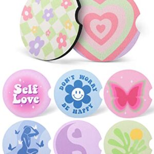 Huray Rayho 8pcs Danish Pastel Car Coasters 2.75inch Car Cup Holders Non-Slip Rubber Car Coasters with Finger Notch Drinks Coasters Aesthetic Smiling Face Flower Preppy Boho Cute Accessories for Women