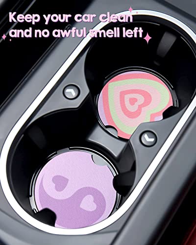 Huray Rayho 8pcs Danish Pastel Car Coasters 2.75inch Car Cup Holders Non-Slip Rubber Car Coasters with Finger Notch Drinks Coasters Aesthetic Smiling Face Flower Preppy Boho Cute Accessories for Women