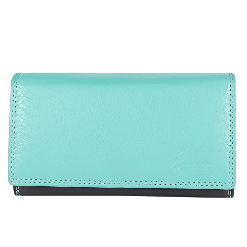 ZIDZOH HYDE & CO Women’s Real Leather RFID Blocking Clutch Wallet Bag with Airtag and Parking Coin Holder In Gift Box, Black/Turquoise