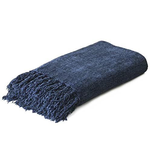 Bangya Navy Chenille Throw Blanket Soft Cozy Woven Fringe Tassel Throw for Sofa Couch Bed Living Room (Navy,50" X 60")