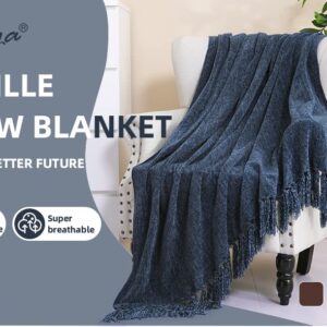 Bangya Navy Chenille Throw Blanket Soft Cozy Woven Fringe Tassel Throw for Sofa Couch Bed Living Room (Navy,50" X 60")