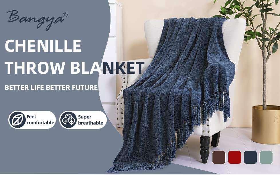 Bangya Navy Chenille Throw Blanket Soft Cozy Woven Fringe Tassel Throw for Sofa Couch Bed Living Room (Navy,50" X 60")