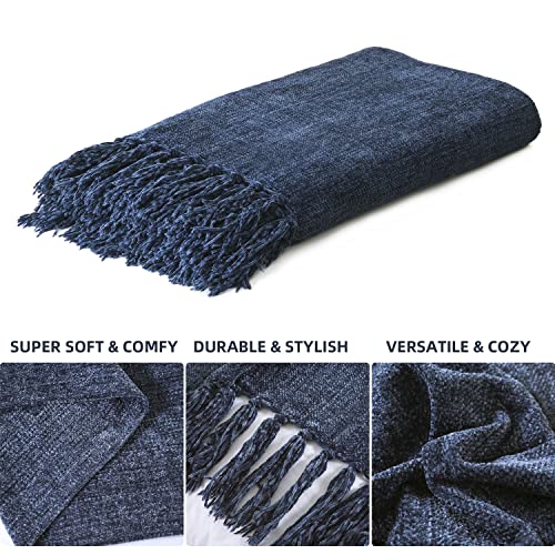 Bangya Navy Chenille Throw Blanket Soft Cozy Woven Fringe Tassel Throw for Sofa Couch Bed Living Room (Navy,50" X 60")