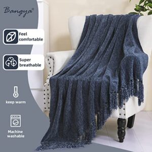 Bangya Navy Chenille Throw Blanket Soft Cozy Woven Fringe Tassel Throw for Sofa Couch Bed Living Room (Navy,50" X 60")