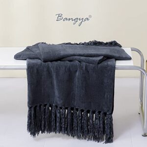 Bangya Navy Chenille Throw Blanket Soft Cozy Woven Fringe Tassel Throw for Sofa Couch Bed Living Room (Navy,50" X 60")