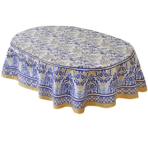 Home Bargains Plus Provence Allure Arabesque Yellow and Blue Floral Bordered Country French Fabric Tablecloth, Indoor Outdoor, Stain and Water Resistant 60" x 102" Oval