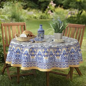 Home Bargains Plus Provence Allure Arabesque Yellow and Blue Floral Bordered Country French Fabric Tablecloth, Indoor Outdoor, Stain and Water Resistant 60" x 102" Oval