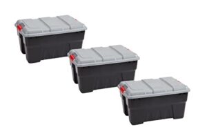 rubbermaid pack & go 14 gal storage tote, durable design and easy to transport, built-in handles, tie down channels and lockable snap tight lid, black base with gray lid and red handles, pack of 3