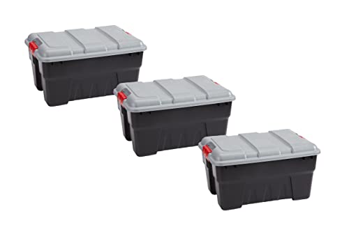 Rubbermaid Pack & Go 14 Gal Storage Tote, Durable Design and Easy to Transport, Built-In Handles, Tie Down Channels and Lockable Snap Tight Lid, Black Base with Gray Lid and Red Handles, Pack of 3