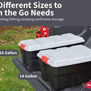 Rubbermaid Pack & Go 14 Gal Storage Tote, Durable Design and Easy to Transport, Built-In Handles, Tie Down Channels and Lockable Snap Tight Lid, Black Base with Gray Lid and Red Handles, Pack of 3