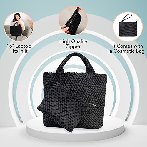 State of Bliss Onyx Neoprene Woven Hobo Tote with Top Handle and Detachable Woven Wristlet Clutch - Lightweight, Water-resistant, and Spacious Designer Lookalike Tote Bag for Beach, Gym, and Travel