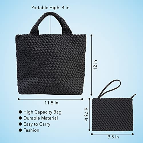 State of Bliss Onyx Neoprene Woven Hobo Tote with Top Handle and Detachable Woven Wristlet Clutch - Lightweight, Water-resistant, and Spacious Designer Lookalike Tote Bag for Beach, Gym, and Travel