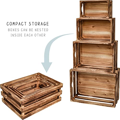 MACVAD Set of 4 Large Torched Wood Decorative Storage Crates, Nesting Wooden Crates for Display Rustic, Farmhouse Wooden Storage Container Boxes Made from 100% Wood