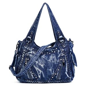 yefine washed denim fabric hobo bags for women rhinestone decoration lady’s purses and handbags shoulder bags (rhinestone blue)