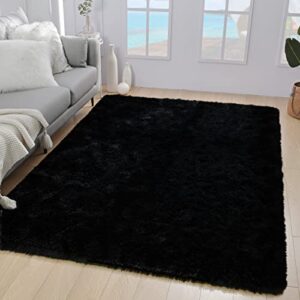 soft black rug for living room, washable 4’x6′ fluffy shag area rug for bedroom nursery room, throw shaggy furry carpet, rectangle faux fur plush fuzzy rugs for beside teen room home décor