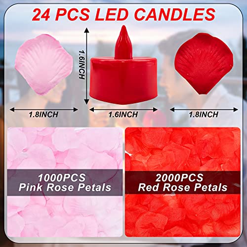 Candles and Rose Kit, 24pcs Tea Lights Candles and 3000pcs Artificial Rose Petals, Valentine Candles, Ideal for Valentine's Day, Romantic Propose, Anniversary, Wedding Decoration.Best Ideal for Gift