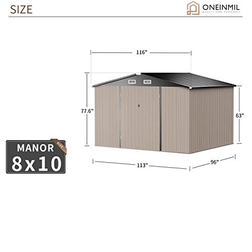 oneinmil Storage Shed 8'x10' Outdoor Garden Storage Shed, Galvanized Steel Metal Garden Shed with Air Vent and Hinged Door Utility Tool Storage House for Garden, Backyard, Patio, Lawn