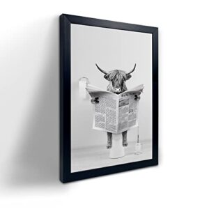 black framed bathroom decor – funny highland cow wall art in bathtub, black and white canvas cow in bathroom picture, humor animals bathroom artwork prints, rustic farmhouse style wall decor ready to hang for living room, bathroom, bedroom, kids bathroom