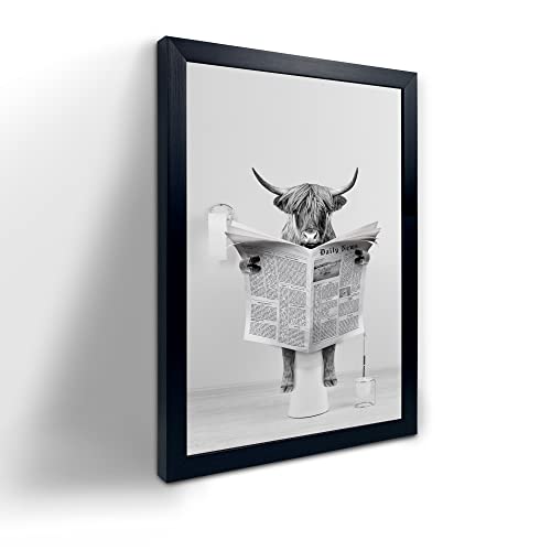 Black Framed Bathroom Decor - Funny Highland Cow Wall Art in Bathtub, Black and White Canvas Cow In Bathroom Picture, Humor Animals Bathroom Artwork Prints, Rustic Farmhouse Style Wall Decor Ready To Hang for Living Room, Bathroom, Bedroom, Kids Bathroom