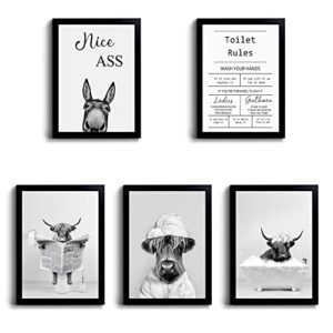 Black Framed Bathroom Decor - Funny Highland Cow Wall Art in Bathtub, Black and White Canvas Cow In Bathroom Picture, Humor Animals Bathroom Artwork Prints, Rustic Farmhouse Style Wall Decor Ready To Hang for Living Room, Bathroom, Bedroom, Kids Bathroom