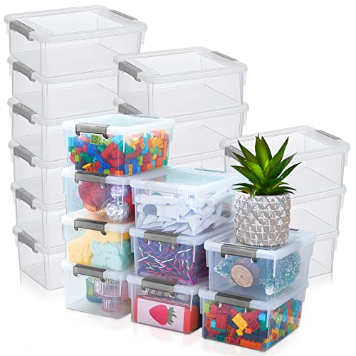 24 Pieces 1.1 Quart Small Clear Plastic Storage Containers Bins with Lid Stackable Small Items Beads Storage Latch Box Crafts Toys Lidded Bins and Secure Latching Buckles for Office Organizing