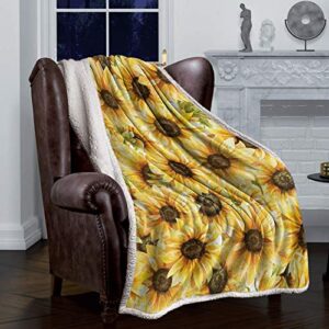 sevenbabu watercolor art yellow sunflower fleece throw blanket reversible sherpa fleece bedding, soft fuzzy blanket warm coral plush blanket for bed sofa, 49″x59″