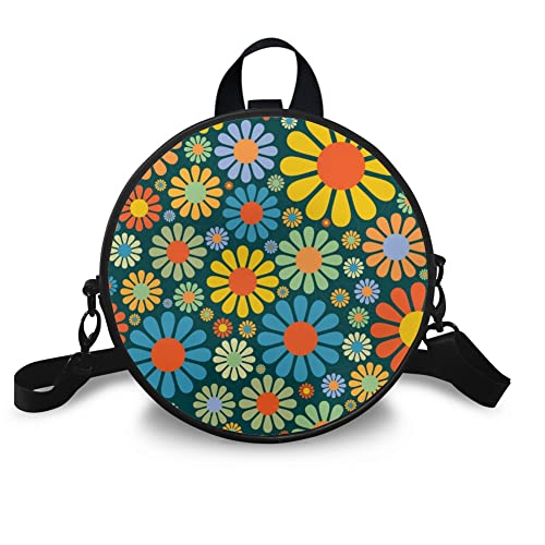 Boatee Colorful Floral Leather Tote bag for Women, Travel Shoulder Backpack Adjustable Strap Zip Bags, Girls Small Round Tote Bags