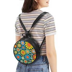 Boatee Colorful Floral Leather Tote bag for Women, Travel Shoulder Backpack Adjustable Strap Zip Bags, Girls Small Round Tote Bags