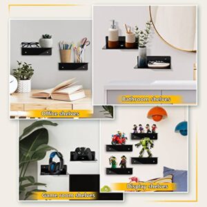 Grathia 4 PCS 9 Inch Acrylic Small Floating Shelves, Adhesive Wall Mounted Shelves Wall Decor Display Hanging Shelves for Living Room, Bathroom, Bedroom, Kitchen, Office with Hole Design (4, Black)