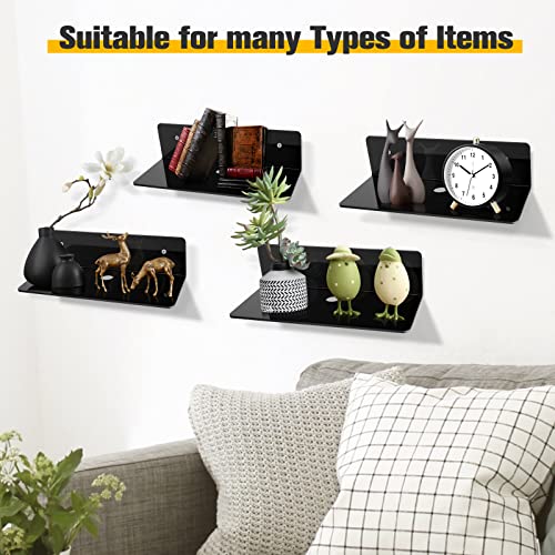 Grathia 4 PCS 9 Inch Acrylic Small Floating Shelves, Adhesive Wall Mounted Shelves Wall Decor Display Hanging Shelves for Living Room, Bathroom, Bedroom, Kitchen, Office with Hole Design (4, Black)