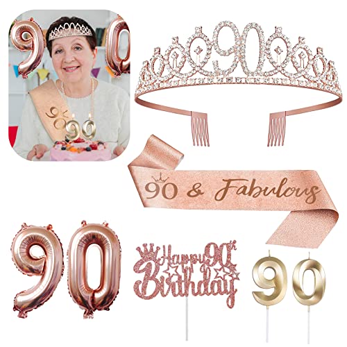 90th Birthday Decorations for Her, Birthday Sash, Crown/Tiara, Candles, Cake Toppers, Balloons, Birthday Gifts for Women, 90th Birthday Decorations for Women, Rose Gold (90th)