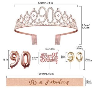 90th Birthday Decorations for Her, Birthday Sash, Crown/Tiara, Candles, Cake Toppers, Balloons, Birthday Gifts for Women, 90th Birthday Decorations for Women, Rose Gold (90th)