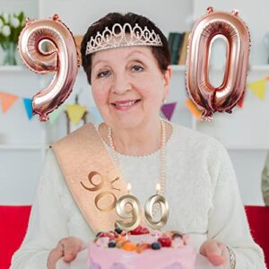 90th Birthday Decorations for Her, Birthday Sash, Crown/Tiara, Candles, Cake Toppers, Balloons, Birthday Gifts for Women, 90th Birthday Decorations for Women, Rose Gold (90th)