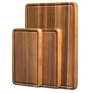 wood cutting boards set of 3 for kitchen, thick chopping board, large wooden cutting board set with deep juice groove and handles, wooden trays for meat, fruit and cheese (17×12, 12×10, 12×7 inch)